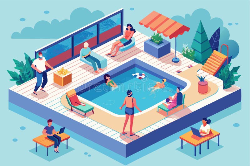 Isometric Illustration of People at a Pool Practicing Social Distancing ...