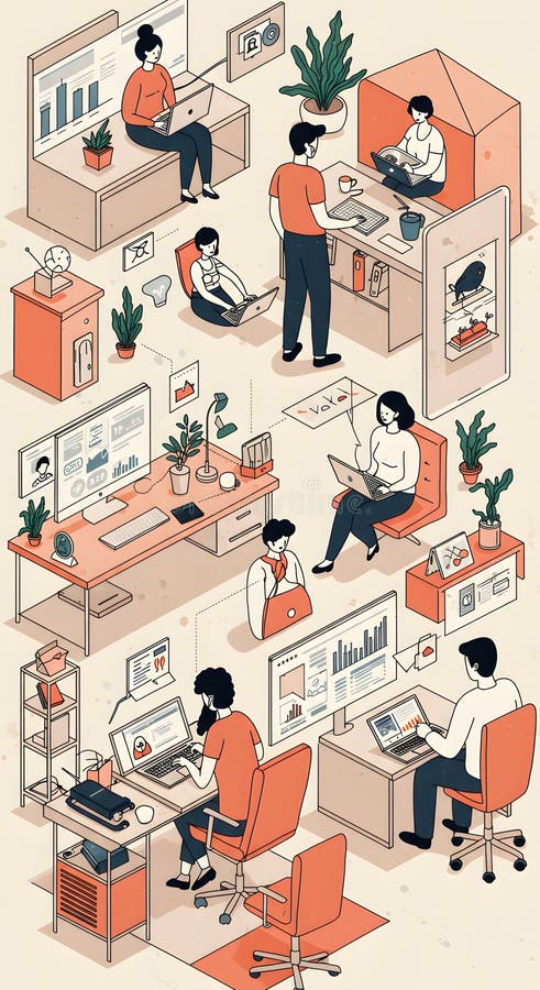 Isometric Illustration of People Working on Laptops in a Modern Office Space Stock Illustration ...