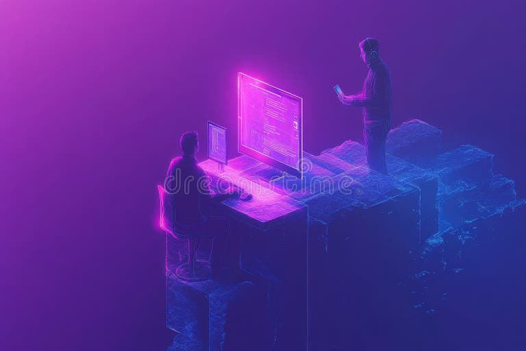 Isometric Illustration of a Person Programming on a Dual Screen Setup Stock Photo - Image of ...