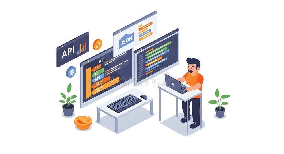 Isometric Illustration of a Programmer Working with Screens Displaying ...