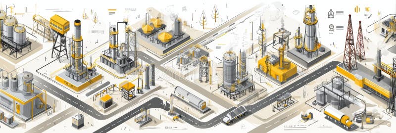 Isometric Illustration of Refinery Infrastructure Showcasing Modern Design and Operational ...