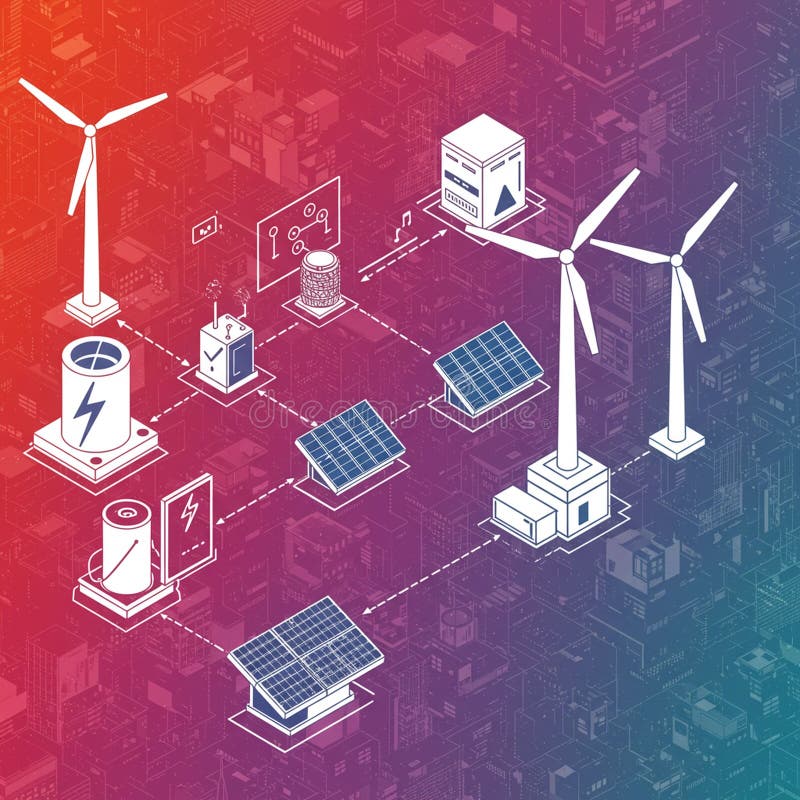Isometric Illustration of a Renewable Energy Network Featuring Wind ...