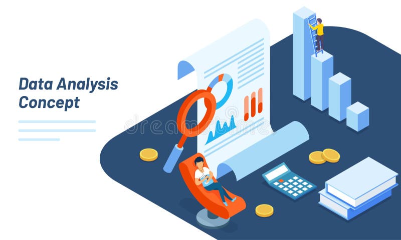 Isometric Illustration of Report, Bar Graph and Magnifying Glass Stock ...