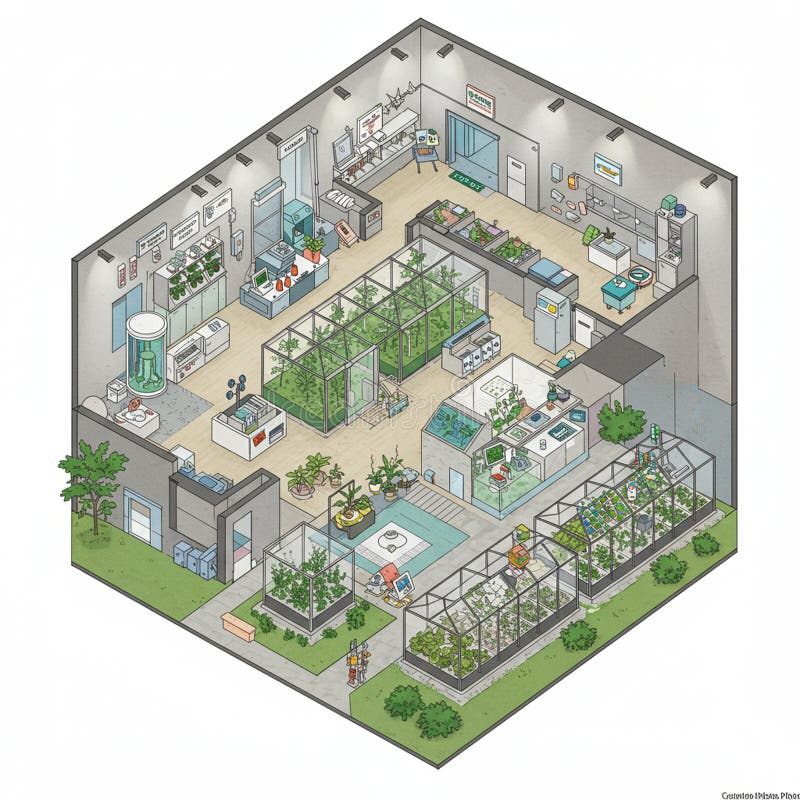 Isometric Illustration of a Research Lab and Greenhouse Facility. the ...