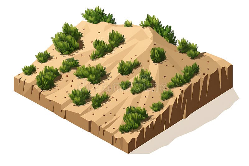 Isometric Illustration of a Sandy Terrain Block with Sparse Green ...
