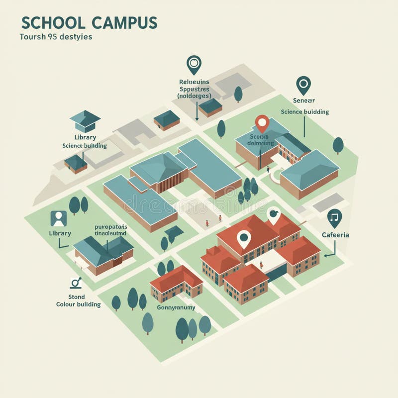 An Isometric Illustration of a School Campus Displaying Various Labeled ...