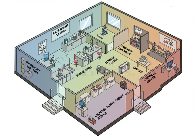 An Isometric Illustration of a Science Laboratory Layout Featuring ...
