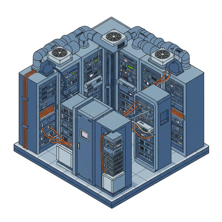 An Isometric Illustration of a Server Room, Featuring Multiple Server ...