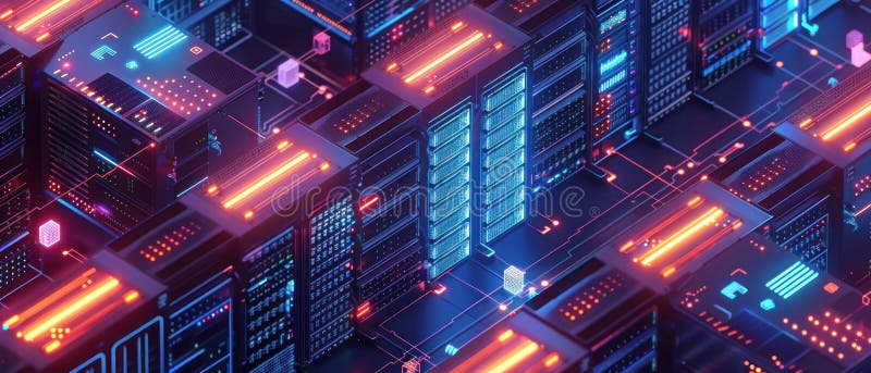 Isometric Illustration of a Server Room with a Glowing Blue and Red ...