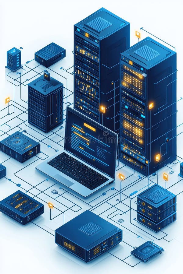 Isometric Illustration of it Servers and a Laptop in a Network Setup ...