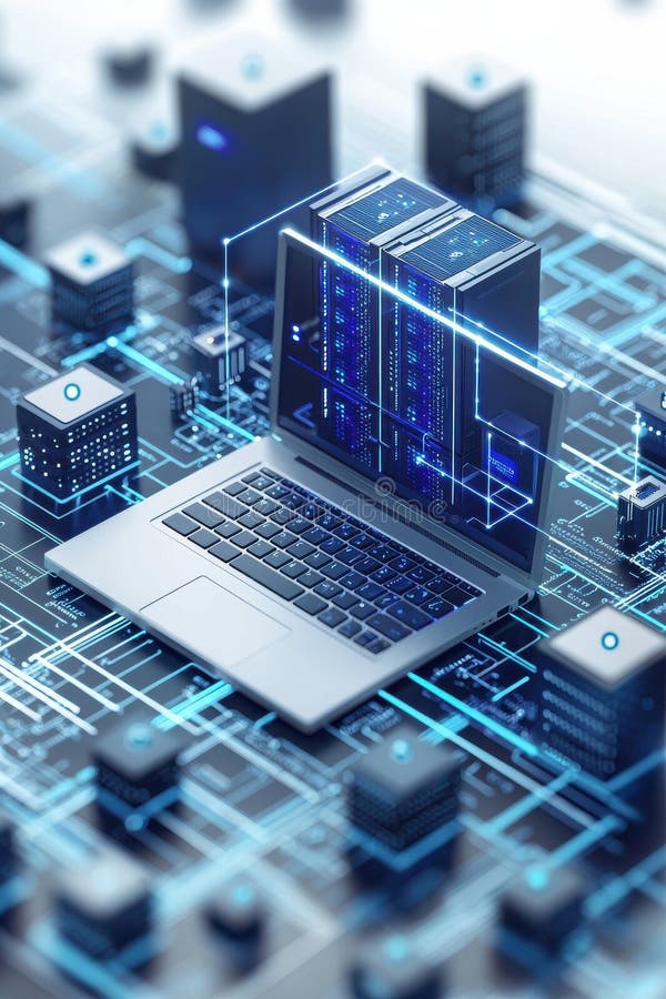 Isometric Illustration of it Servers and a Laptop in a Network Setup ...