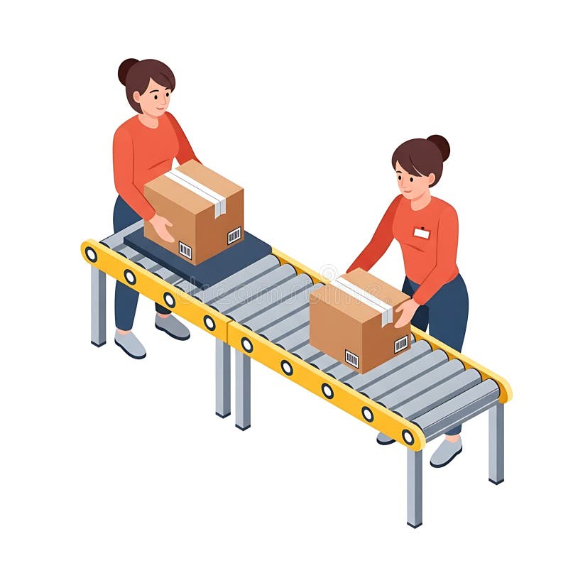 Isometric Illustration Showcases Workers on a Conveyor Belt Handling ...