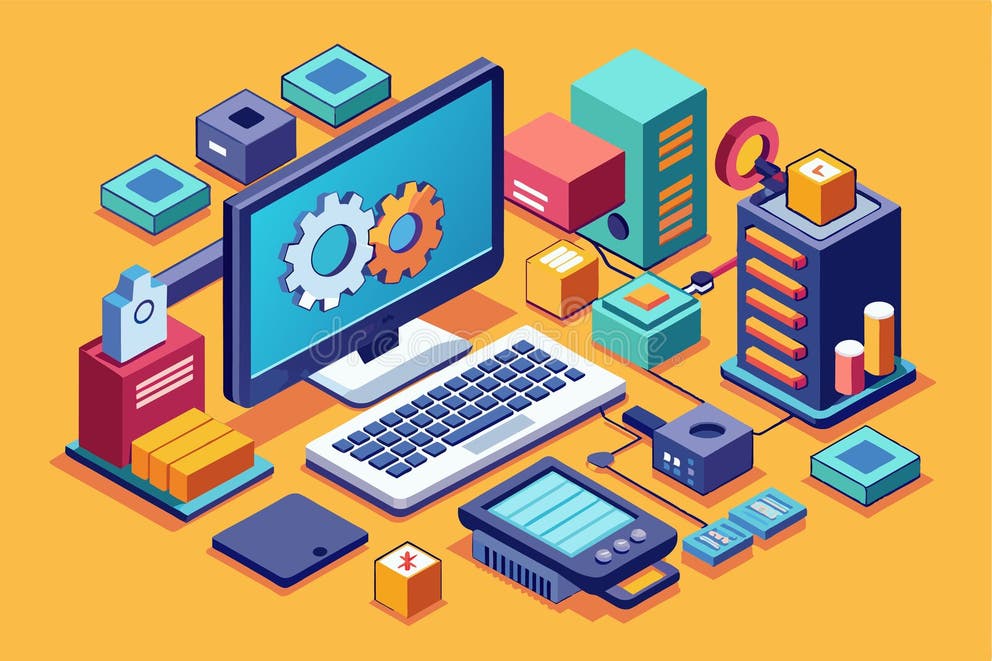 An Isometric Illustration Showing a Computer Upgrade Process with ...