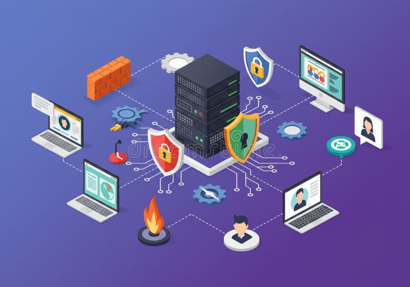 Isometric Illustration Showing a Network Security Concept. at the ...