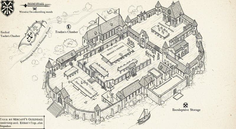 An Isometric Illustration Shows a Medieval-style Guildhall Complex ...