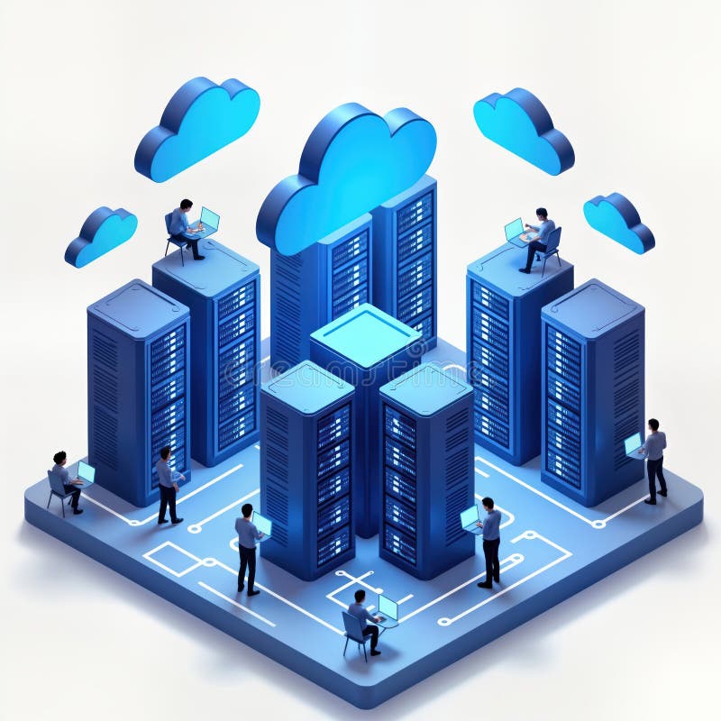 Isometric Illustration Shows Modern Data Center. Tech Team Works with ...