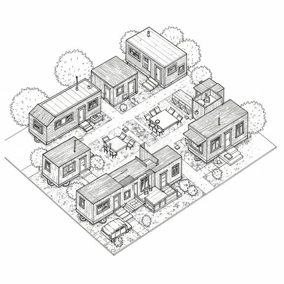 Isometric Illustration of a Small Community with Several Mobile Homes ...