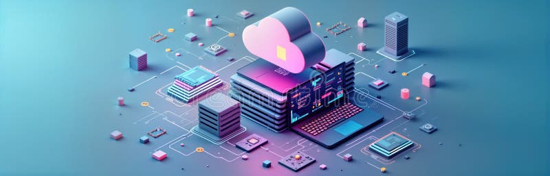 Isometric Illustration of Stacked Laptops Connected To Cloud. Tech Devices Connected To Network ...
