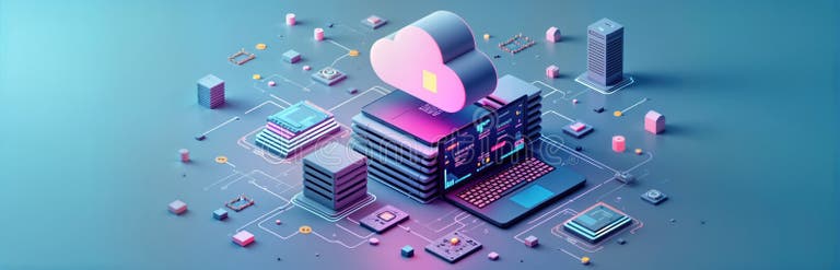 Isometric Illustration of Stacked Laptops Connected To Cloud. Tech ...