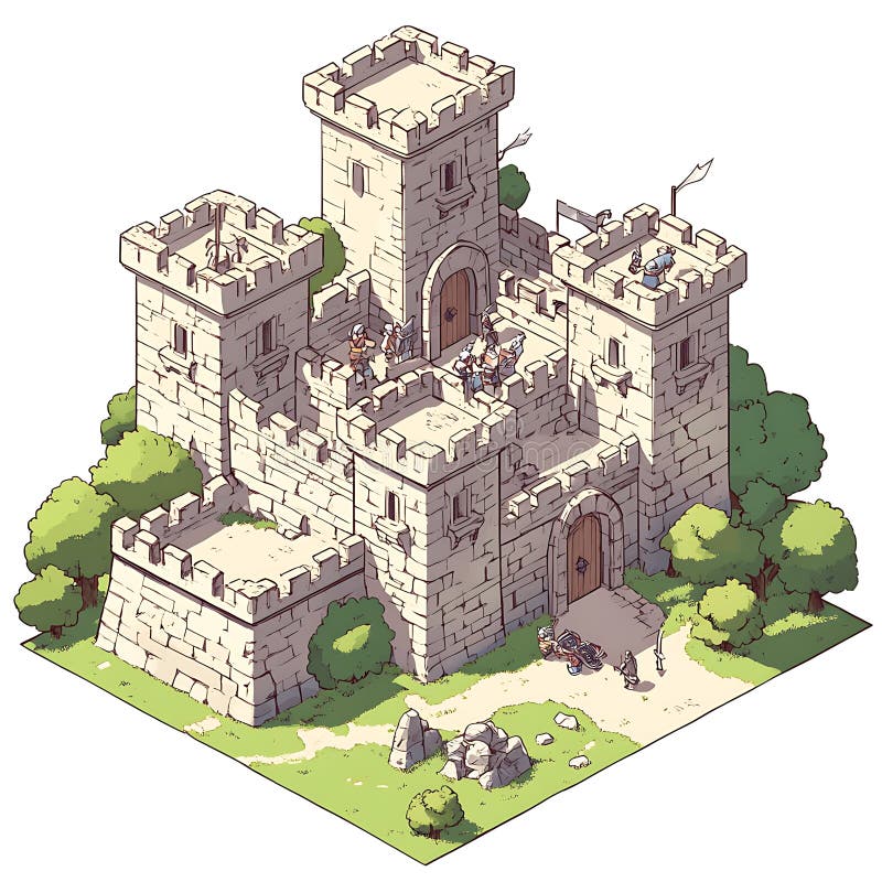 Isometric Illustration of a Stone Castle with Guards Stock Illustration ...