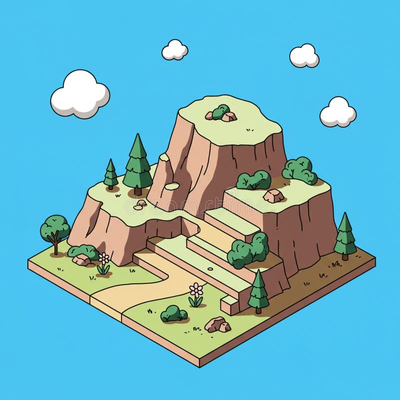 Isometric Illustration of a Stylized Landscape with a Central Plateau ...