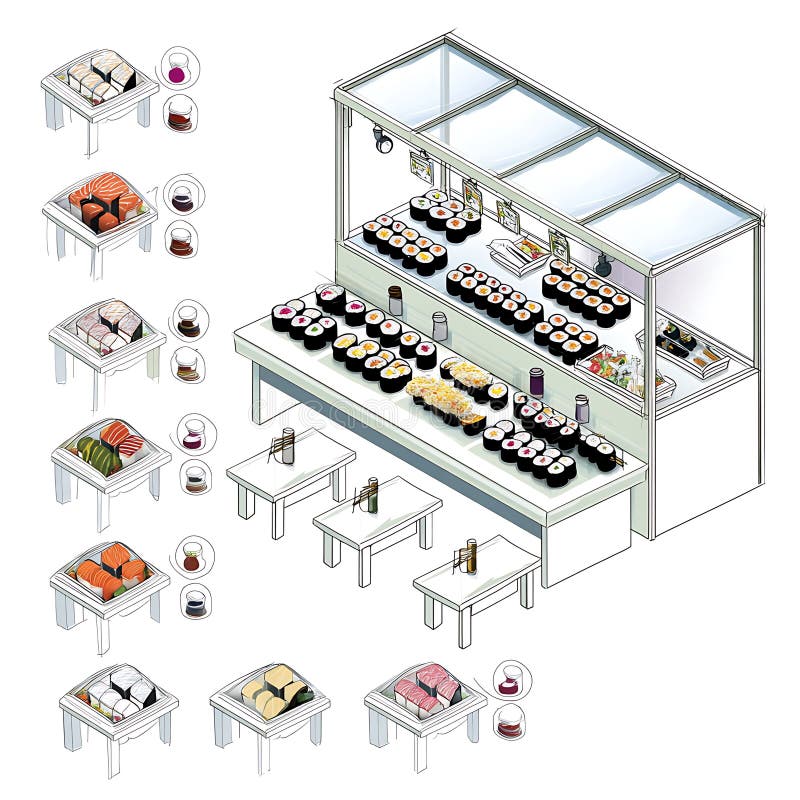 Isometric Illustration of a Sushi Stand with Various Sushi Dishes and ...
