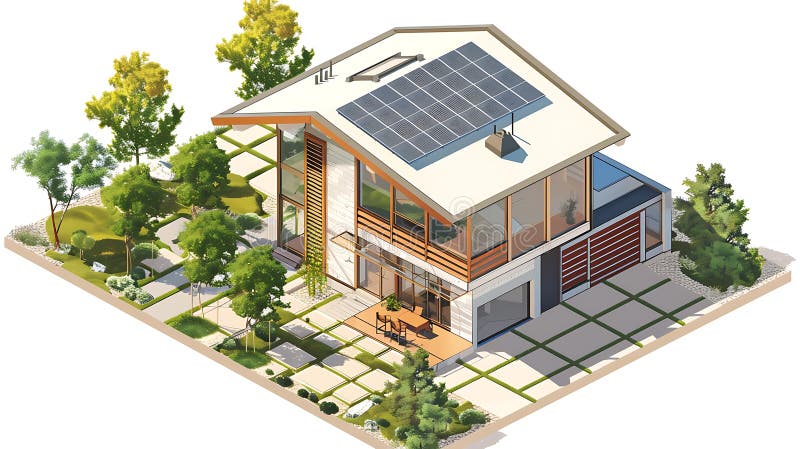 Isometric Illustration of a Sustainable Home with Energy-efficient ...