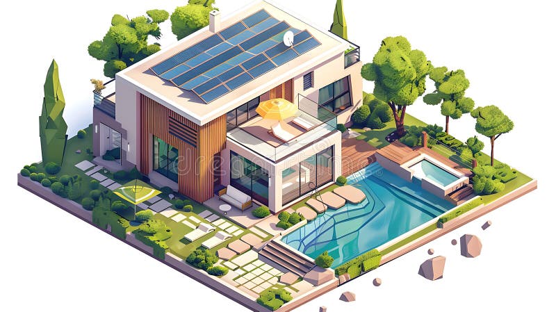 Isometric Illustration of a Sustainable Home with Energy-efficient ...