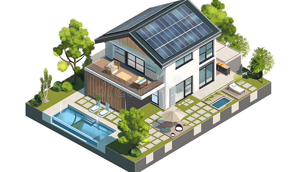 Isometric Illustration of a Sustainable Home with Energy-efficient ...