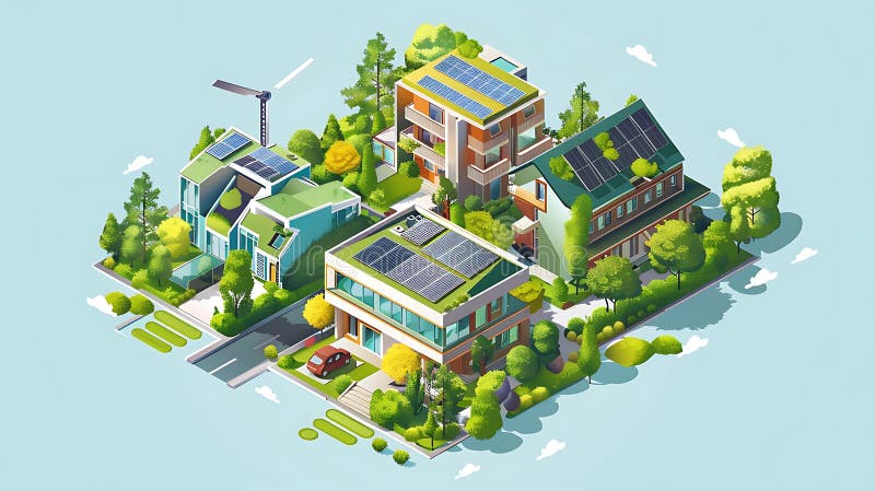 Isometric Illustration of a Sustainable Housing Development with Energy ...