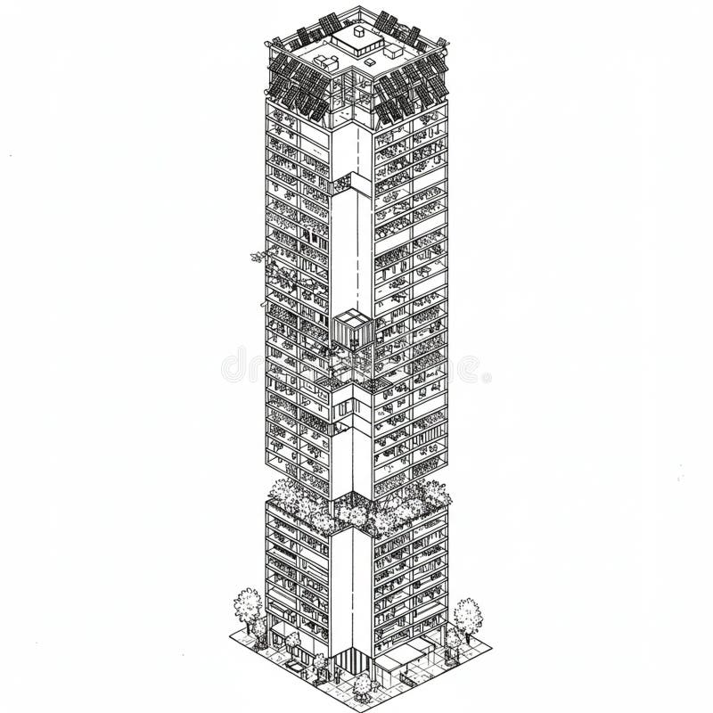 Isometric Illustration of a Tall, Futuristic Skyscraper with a ...