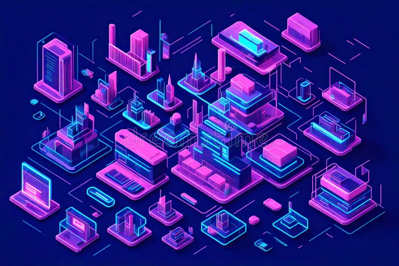 Isometric Illustration of Tech Elements on a Solid Blue Background with ...
