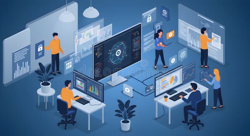 Isometric Illustration of a Tech Team Working on Data Analysis and Security Stock Illustration ...