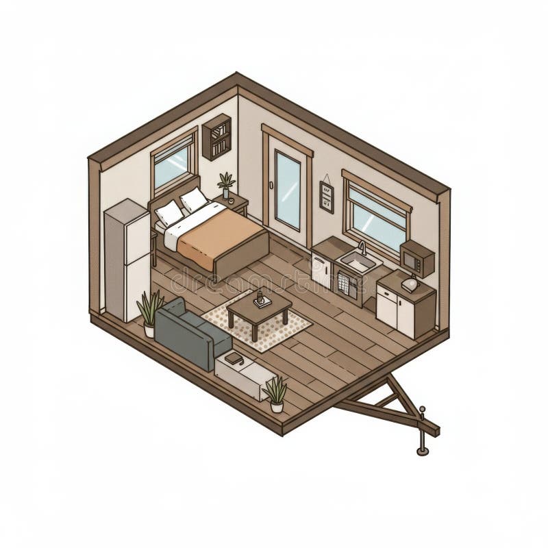 Isometric Illustration of a Tiny House Interior Stock Photo - Image of ...