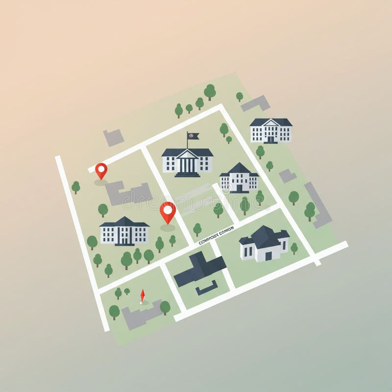An Isometric Illustration of a Town Map, Featuring Simplified Buildings ...