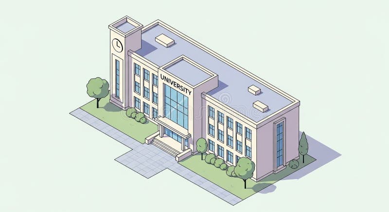Clean Isometric Illustration of a University Building with a Prominent ...