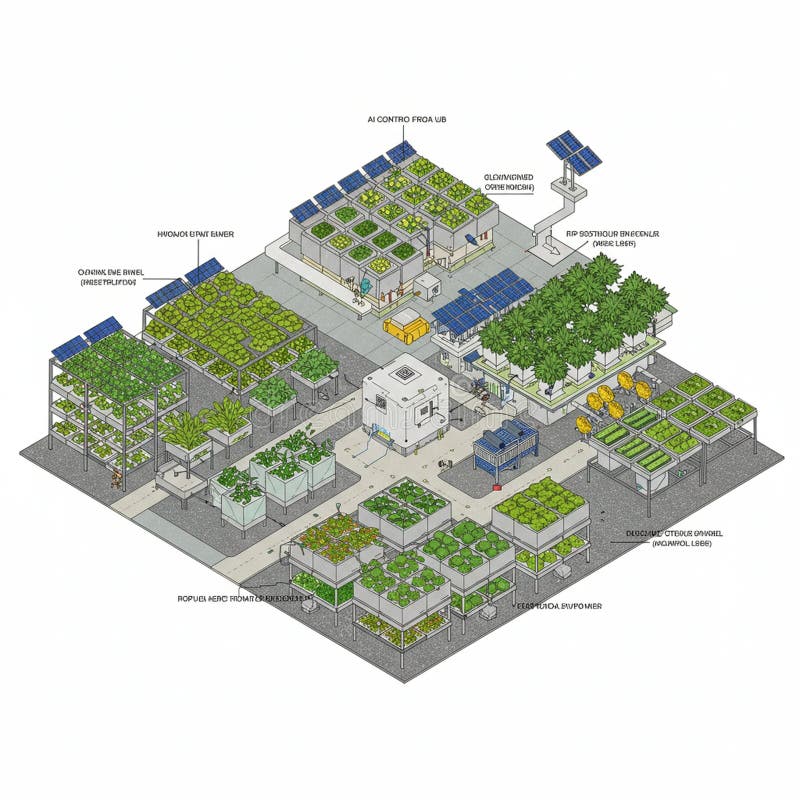 Isometric Illustration of an Urban Farm Complex Featuring Solar Panels on Multiple Stock ...