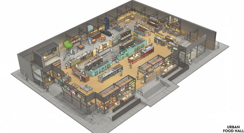 Isometric Illustration of an Urban Food Hall Featuring Various Food ...