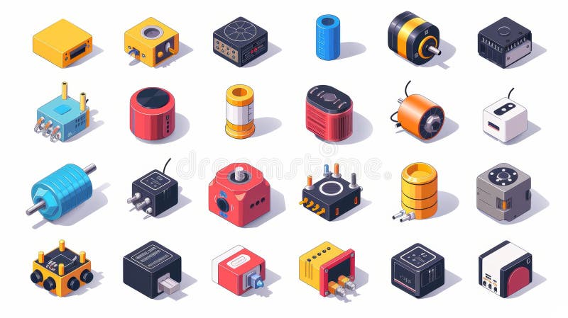 Isometric Illustration of Various Electronic Components, Perfect for ...