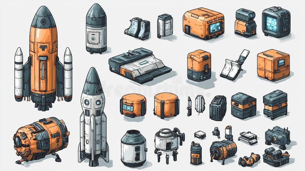 Isometric Illustration of Various Spacecraft Components, Rockets, and ...