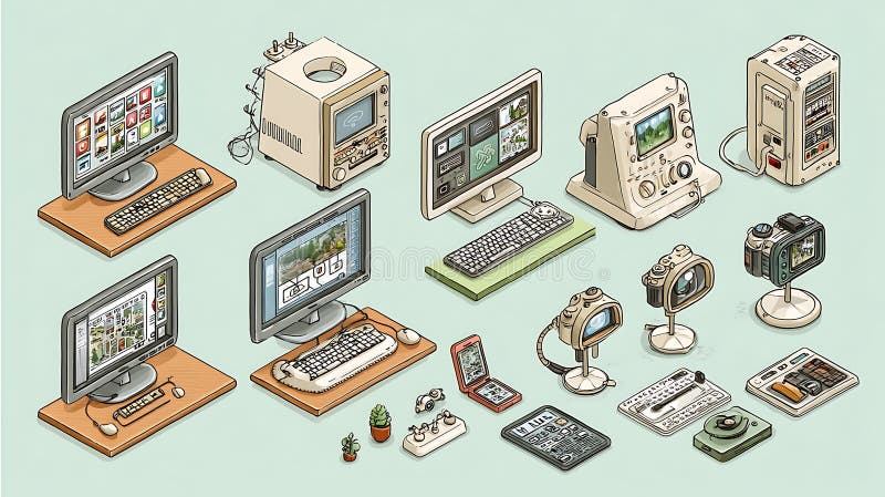 Isometric Illustration of Vintage Computers and Cameras on a Pale Green ...