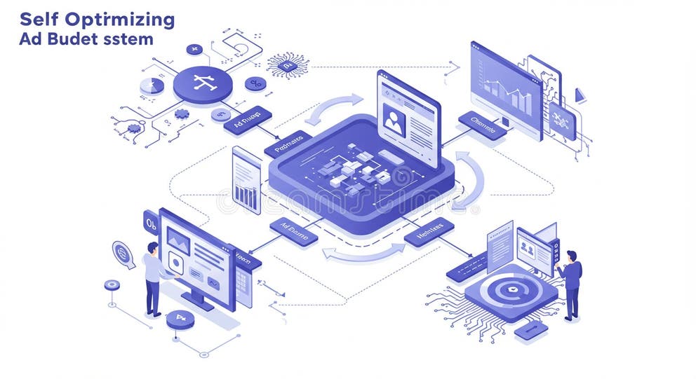 Isometric Illustration Visualizing a Self-optimizing Ad Budget System. Central Stock ...
