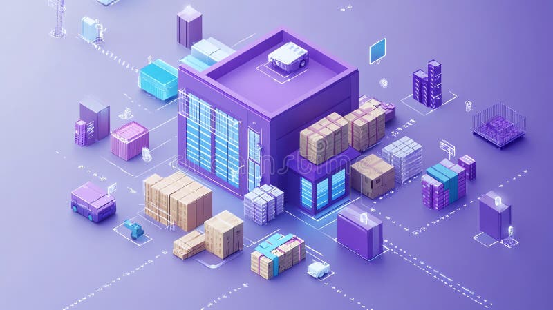 Isometric Illustration of a Warehouse with Boxes, Robots and a Network ...