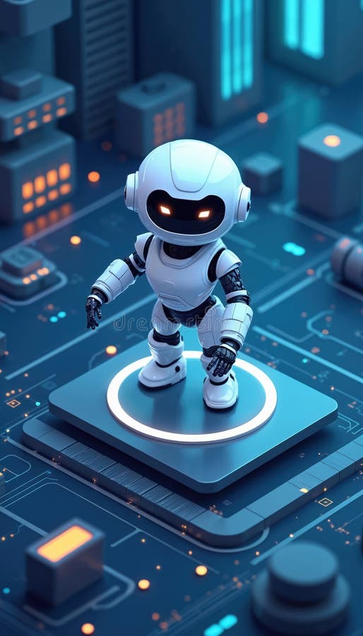 Isometric Illustration of White Robot in Blue Digital Environment ...