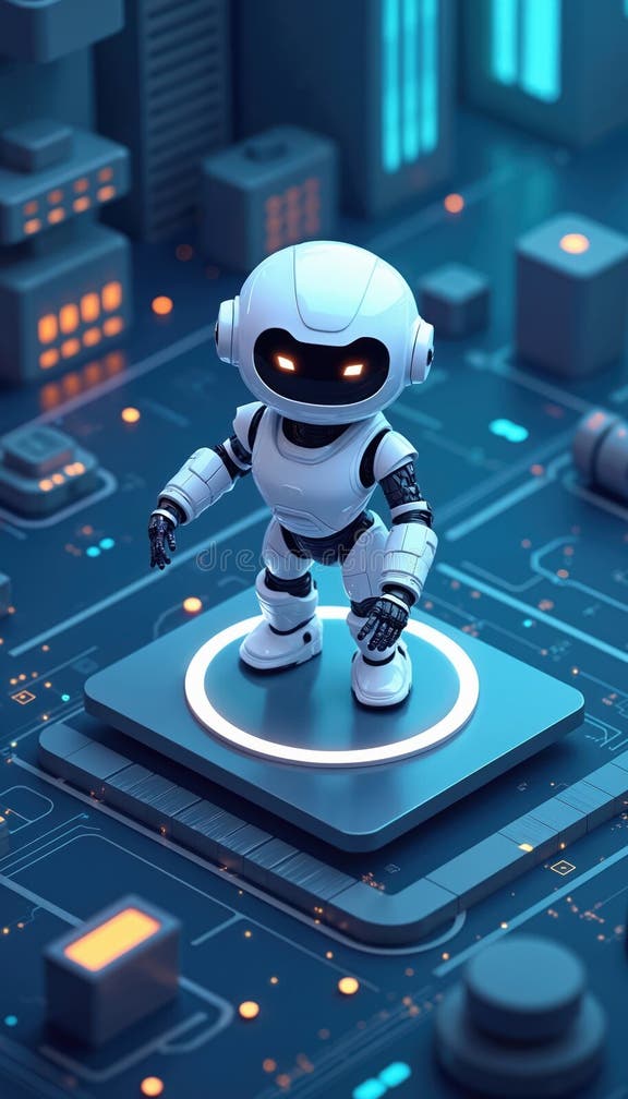 Isometric Illustration of White Robot in Blue Digital Environment ...