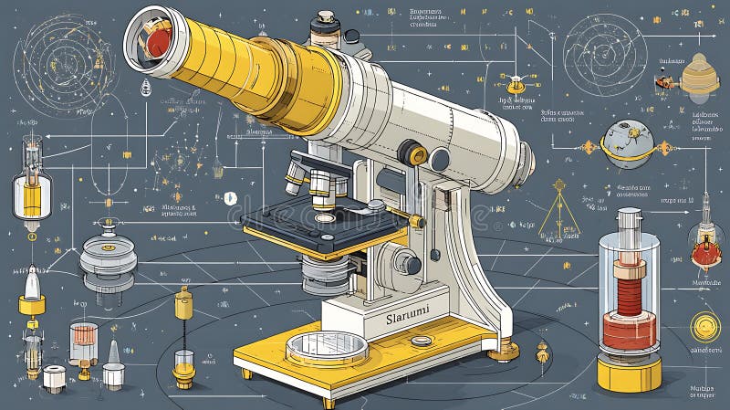 Isometric Illustration of a Yellow and White Microscope with Detailed ...
