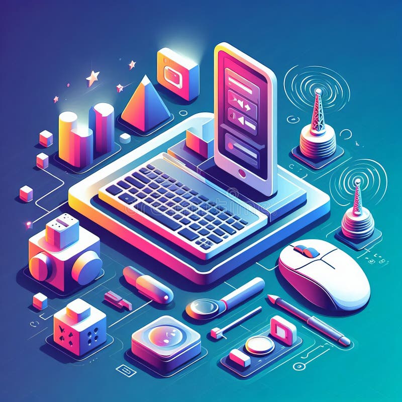Isometric Illustrations with Gradient Backgrounds Three Dimensio Stock ...