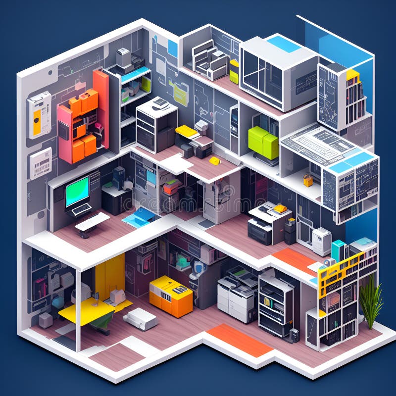 Isometric Image of Interior Office Produced with Cyberpunk Style. Stock ...
