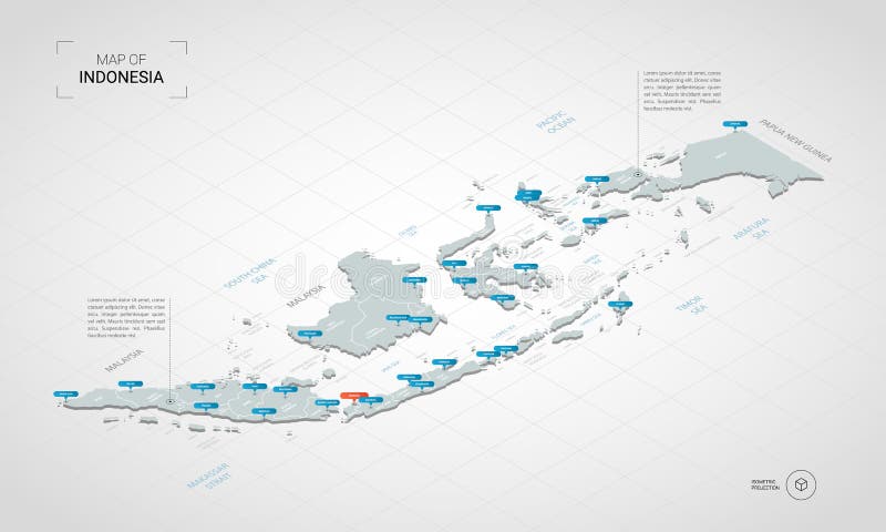 Isometric Indonesia Map with City Names and Administrative Divisions ...