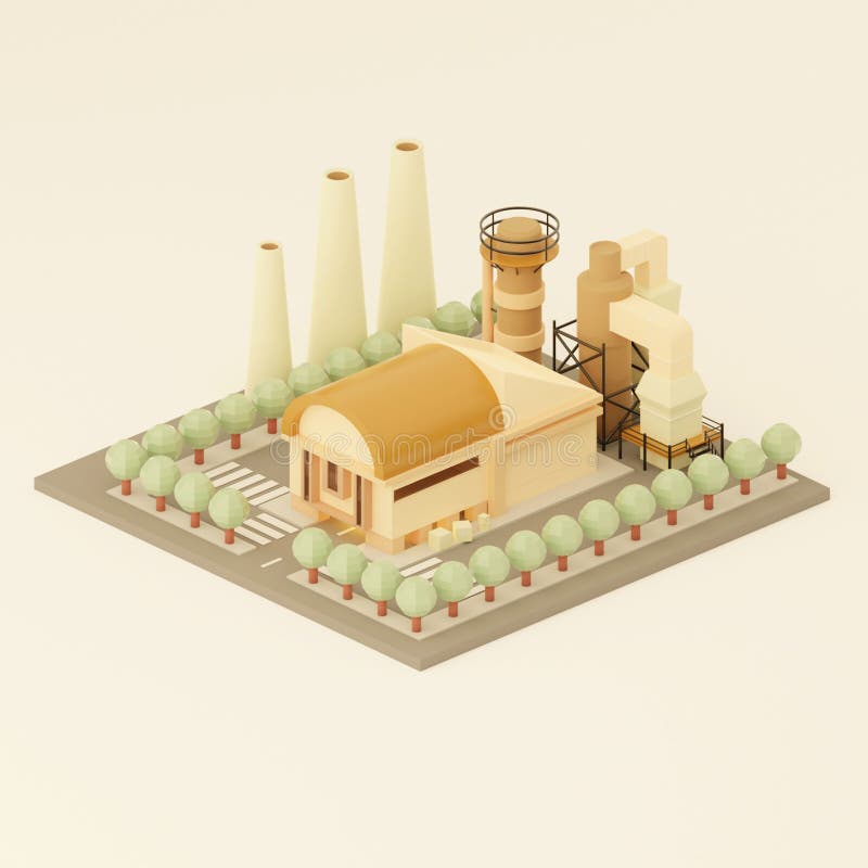 Isometric Industrial Factory with Road and Tree on Cream Background ...